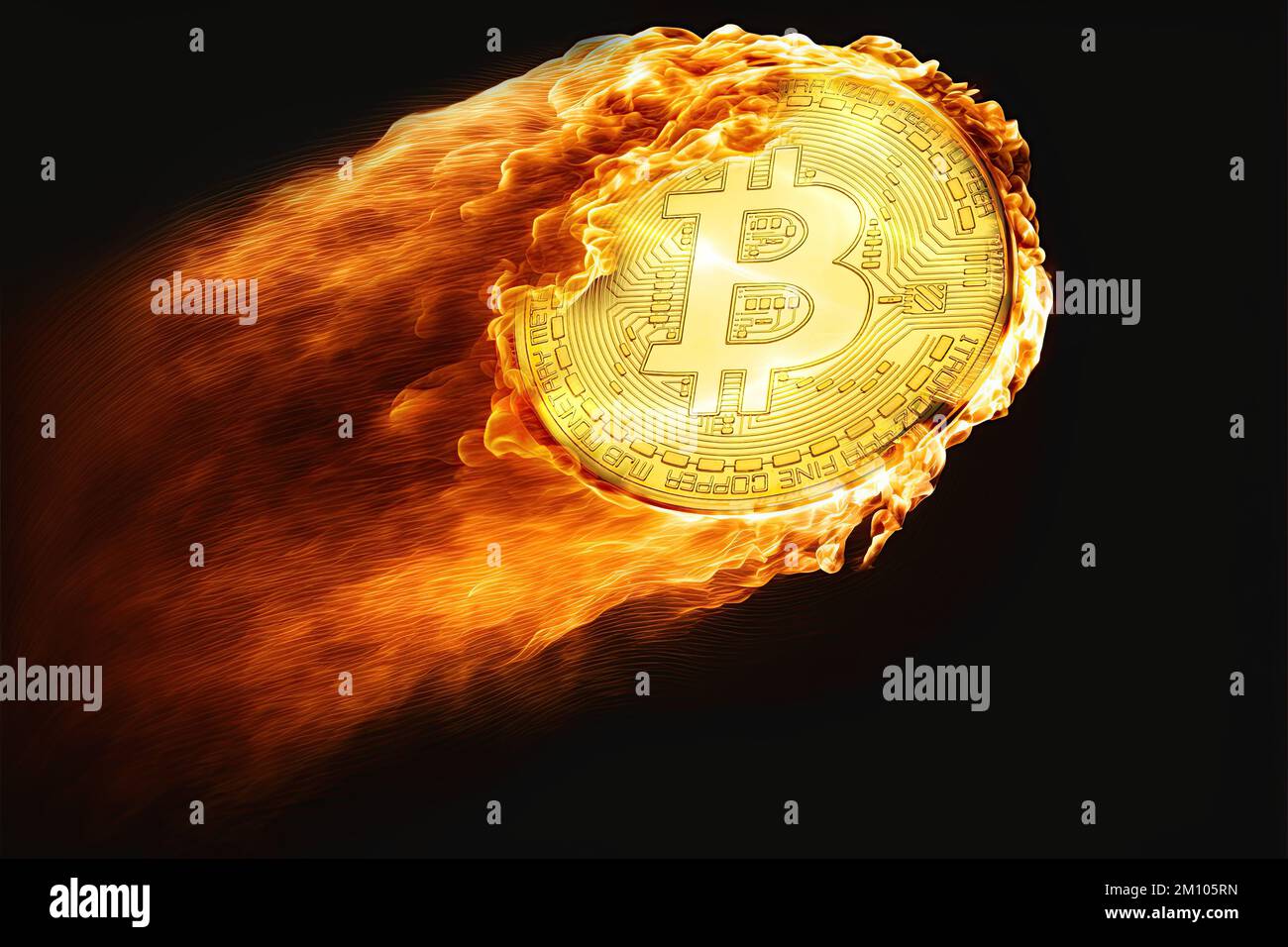 HOT golden bitcoin crypto-currency with BIT symbol on fire flying high ...