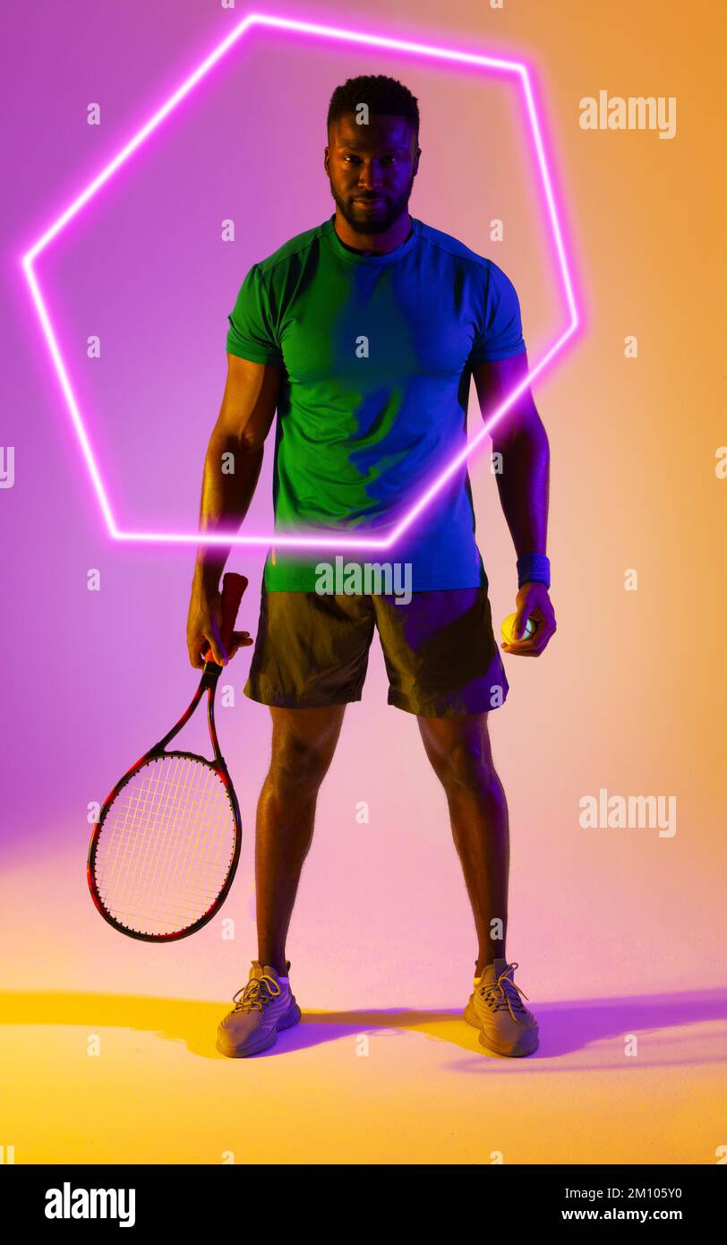 Hexagon neon over confident young african american tennis player with ...