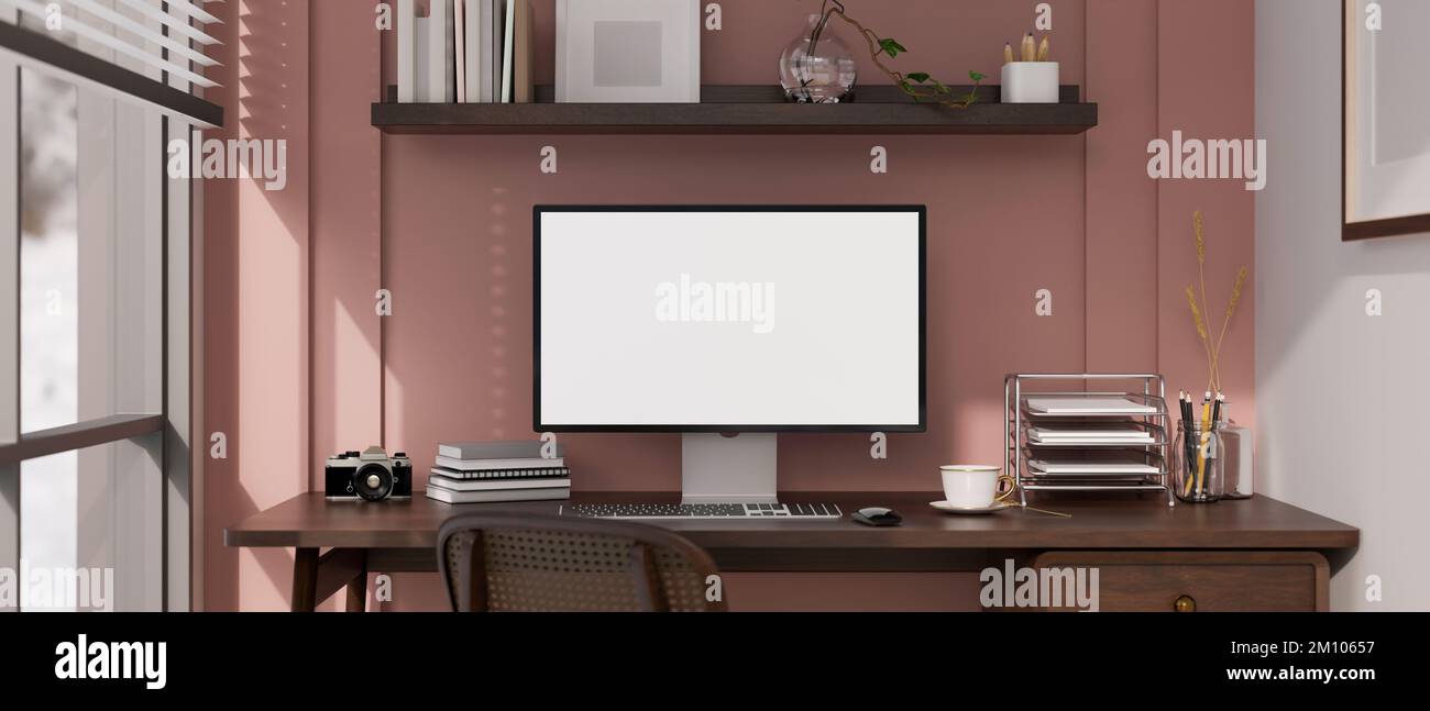Trendy pink home office interior design with computer white screen ...