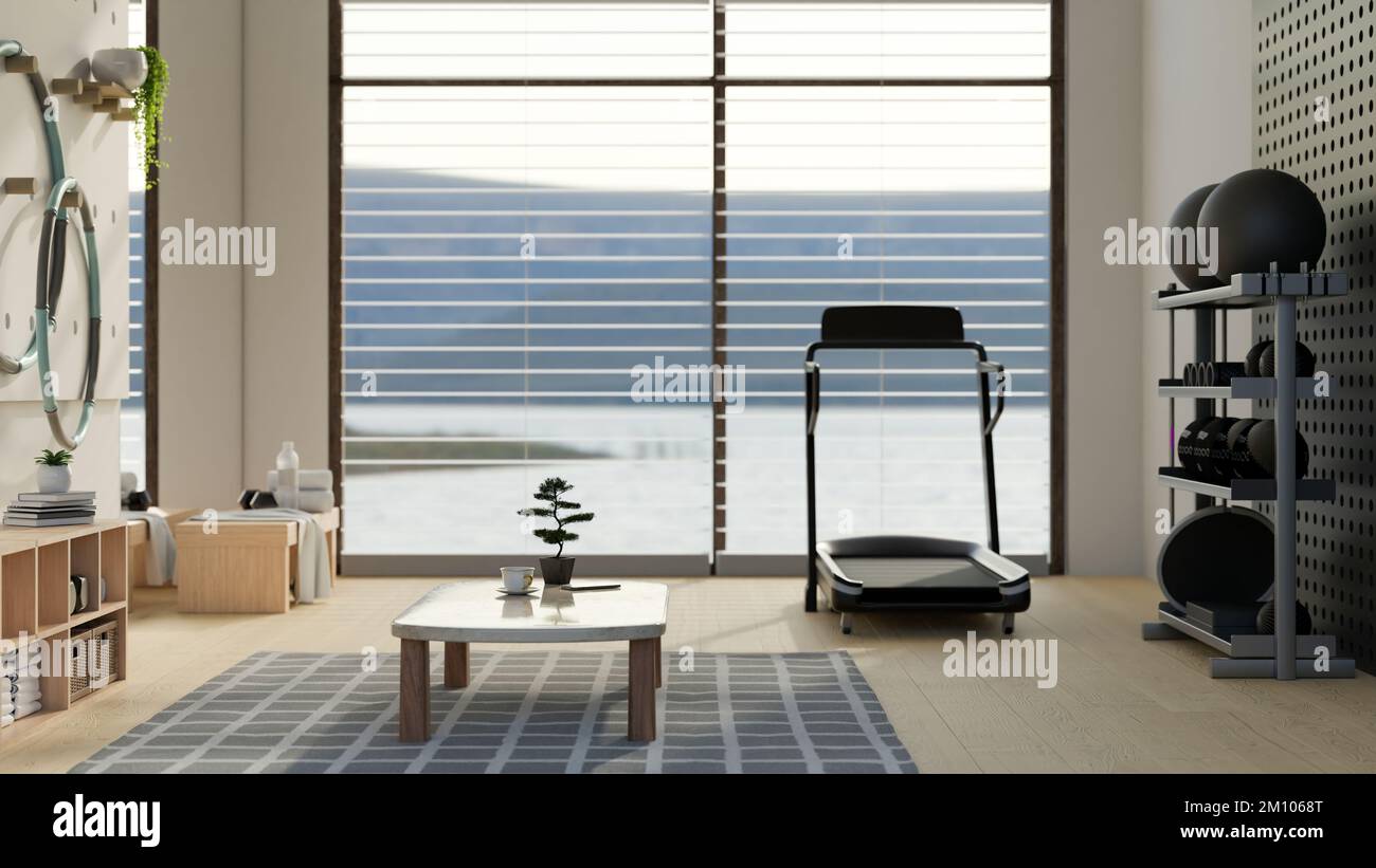 Modern home exercise room interior design with treadmill running ...