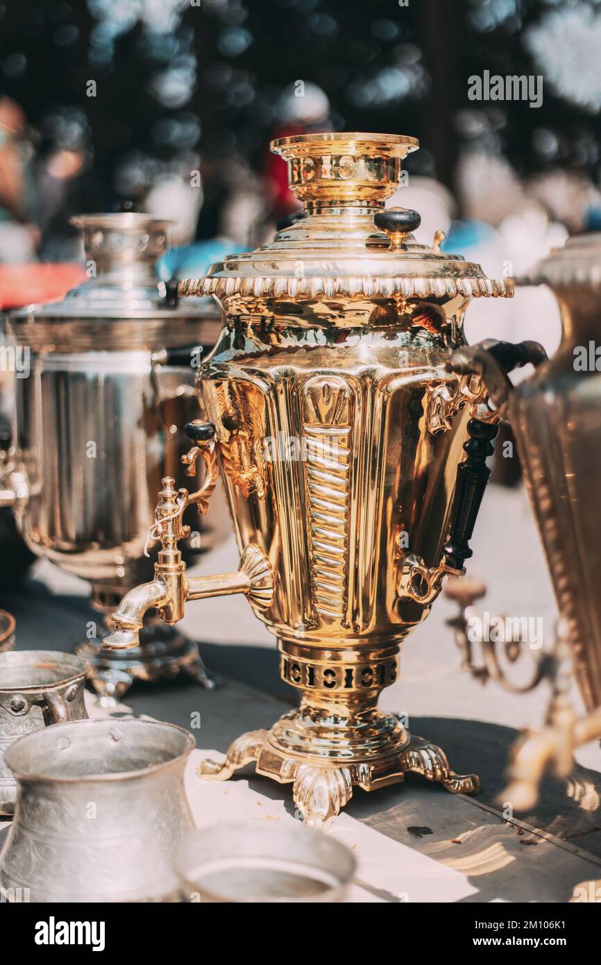 Shiny Bright Traditional Russian Samovar At Flea Market. Tea Party ...