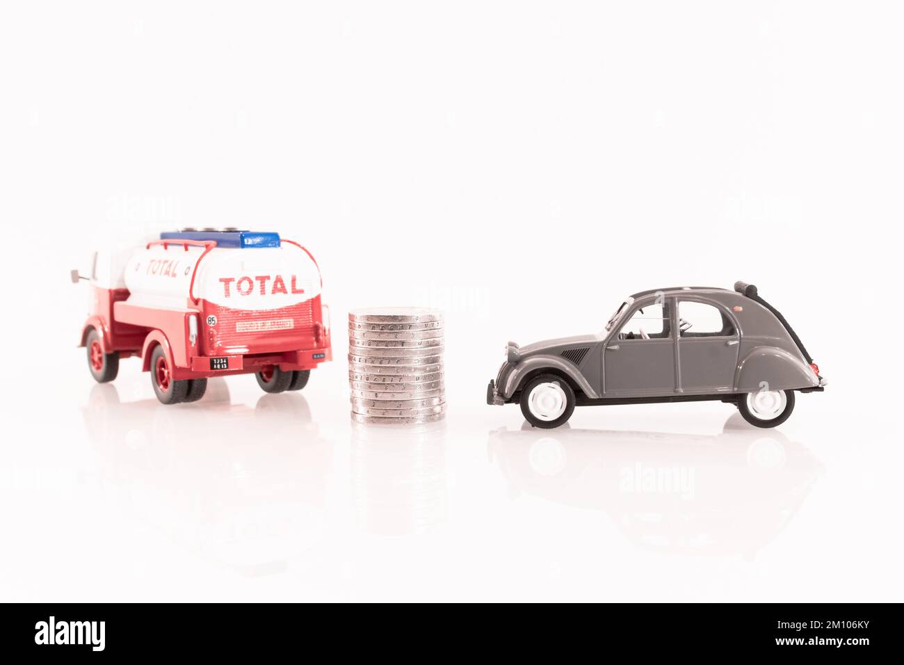 Miniature vehicle of a Total tanker with coins Stock Photo - Alamy