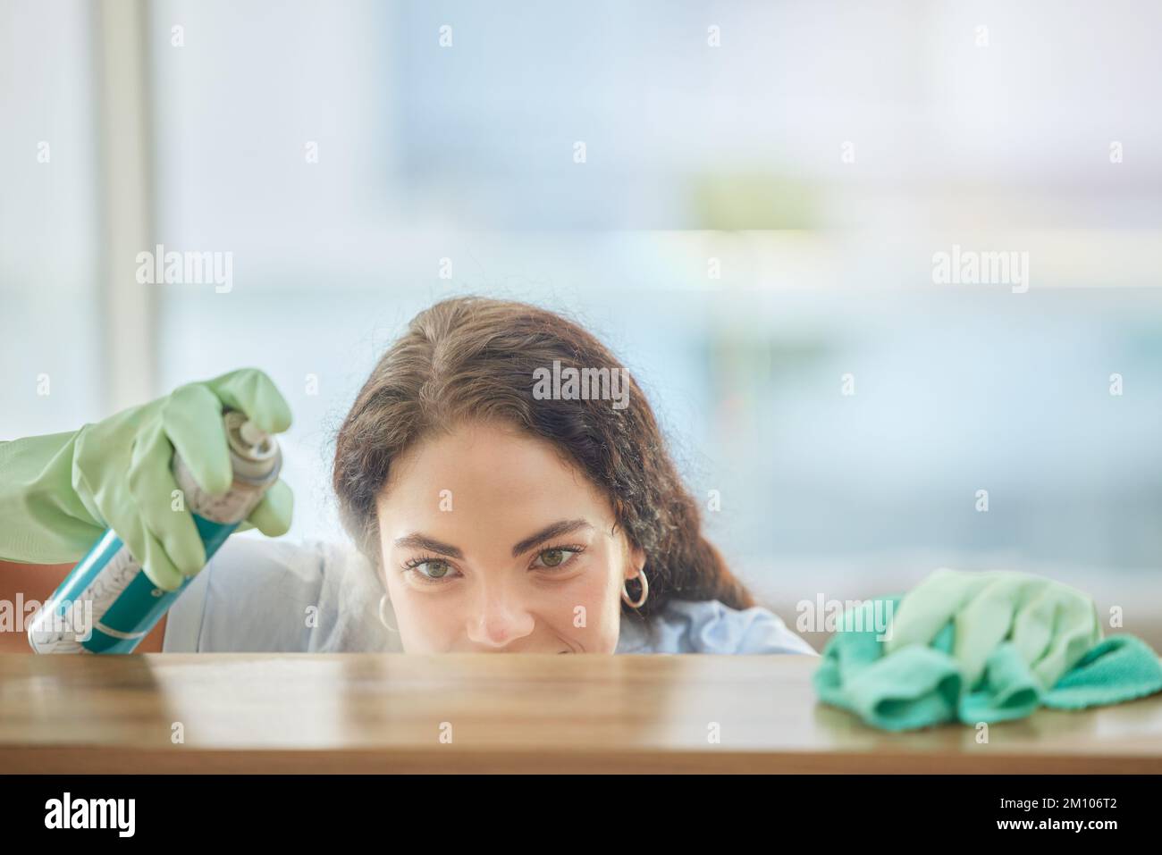 Spray, table or woman cleaning furniture surfaces with product for ...