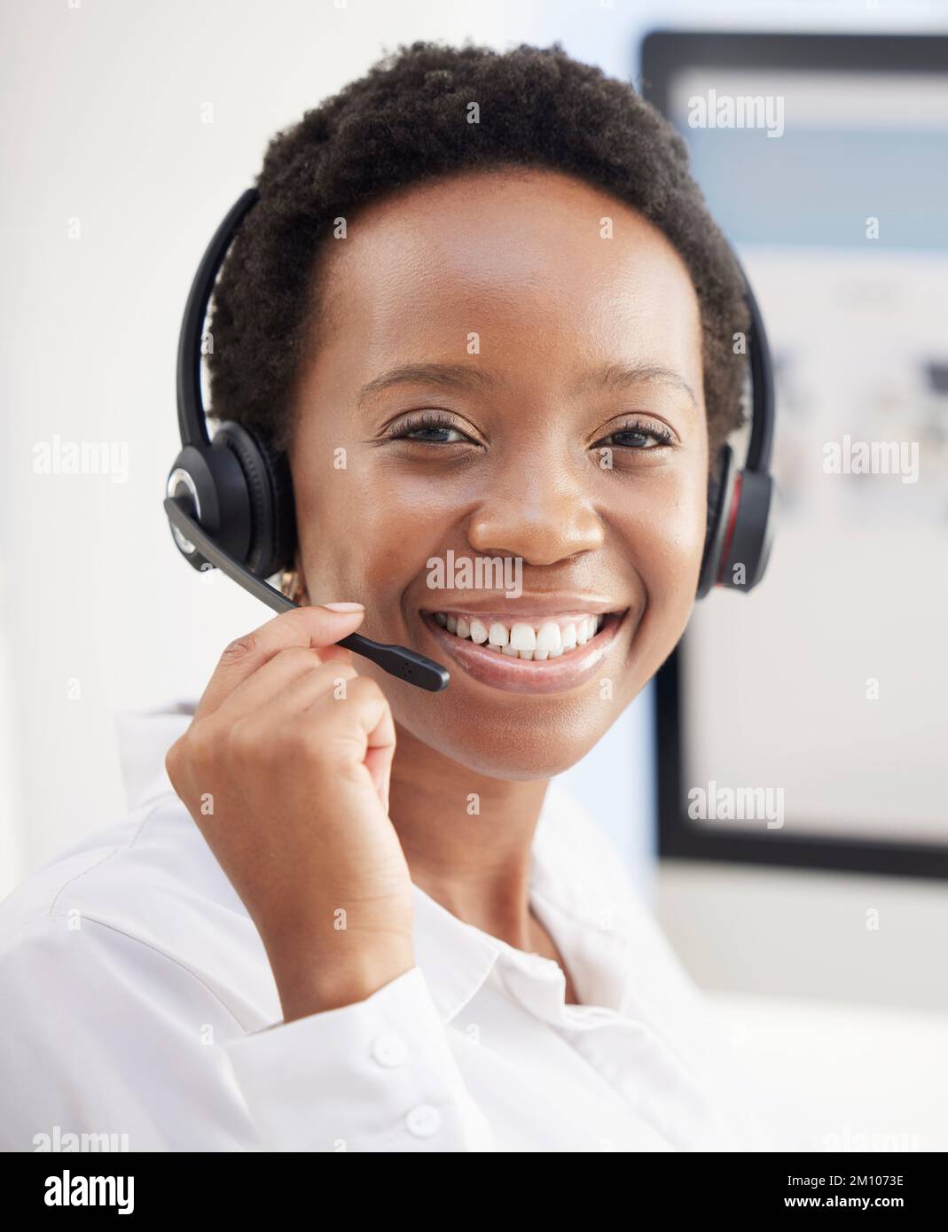 Black woman, call center and portrait smile with headset for telemarketing, customer service or ...