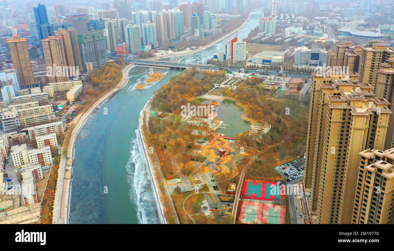Aerial photo shows the frozen Kongque River in Korla City, northwest ...