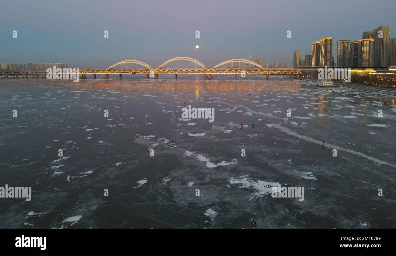 Aerial photo shows the frozen Songhua River in Harbin City, northeast ...