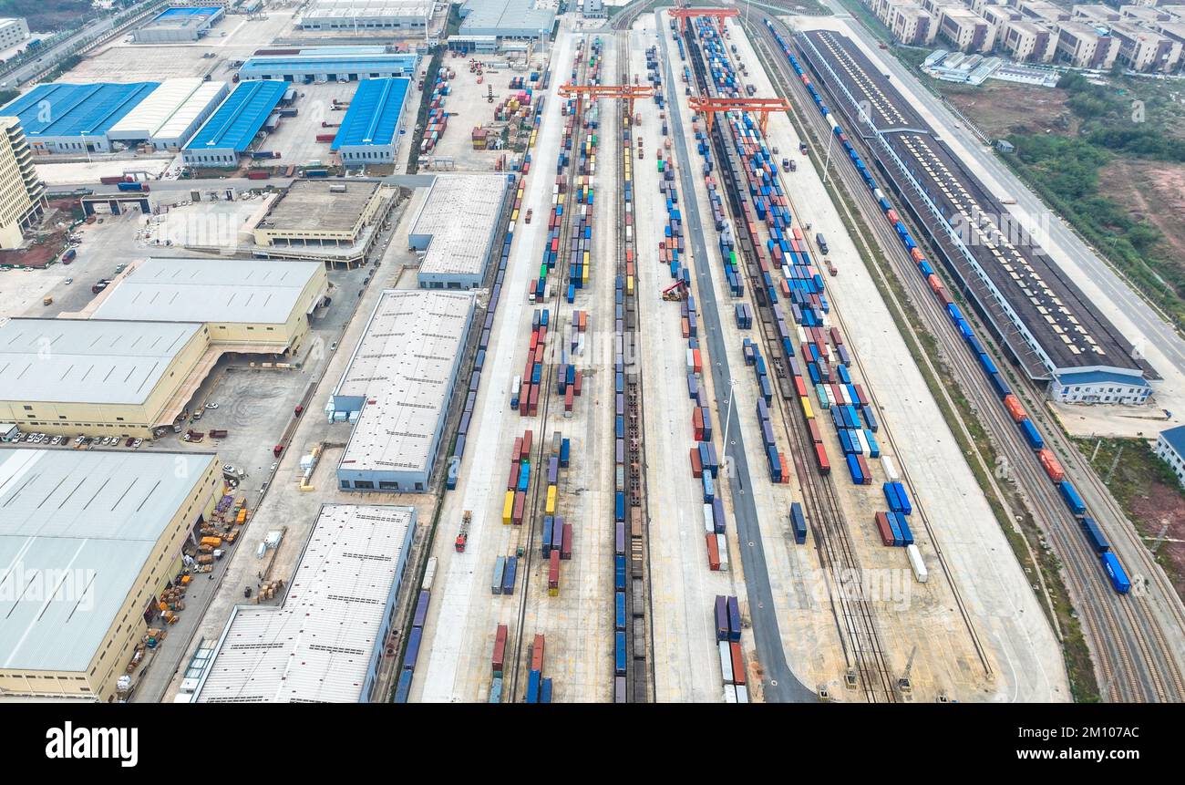Aerial photo shows gantry crane lifting containers in the cargo yard of ...