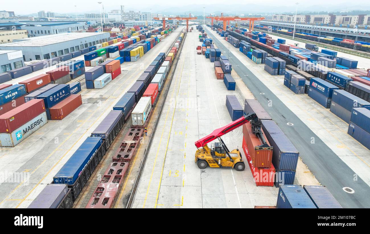 Aerial photo shows gantry crane lifting containers in the cargo yard of ...