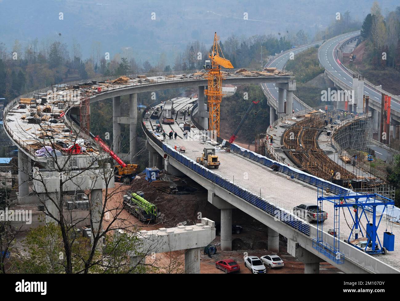Aerial photo shows constructors were busy working at the construction ...