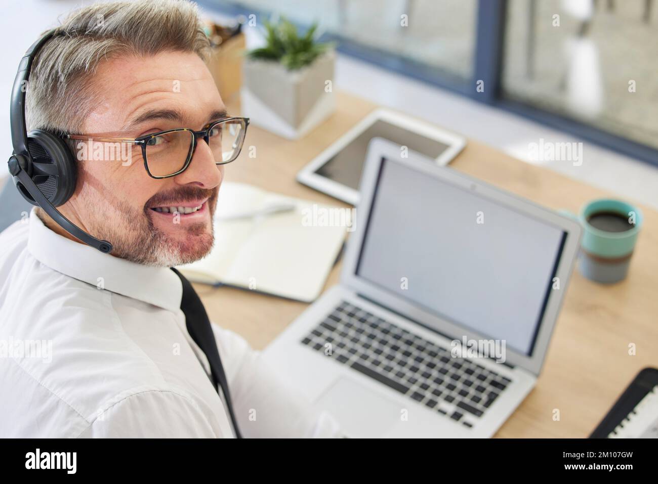 Mockup laptop, portrait and telemarketing consultant working on sales ...