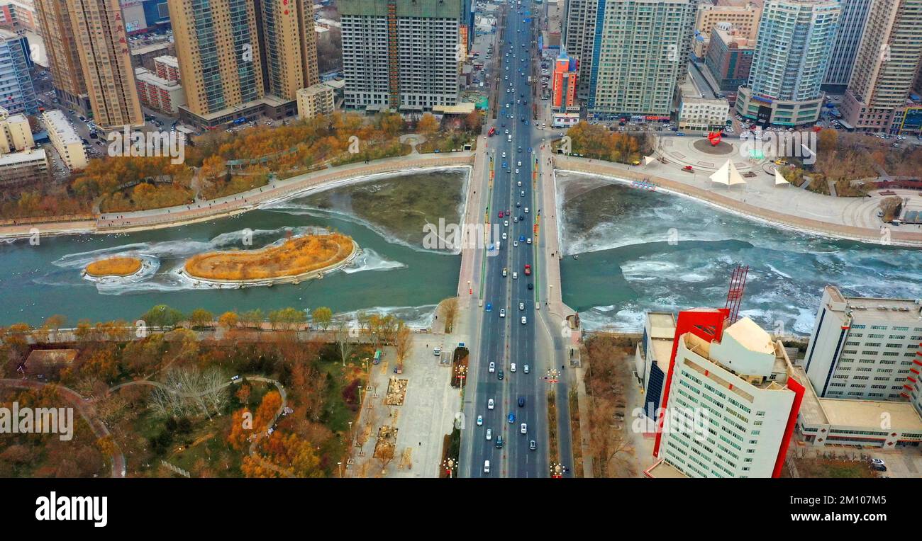 Aerial photo shows the frozen Kongque River in Korla City, northwest ...