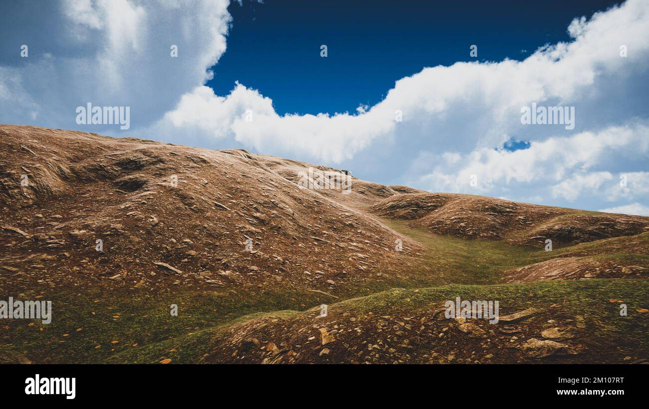 3D rendering. Natural environment of a green island with no trees ...