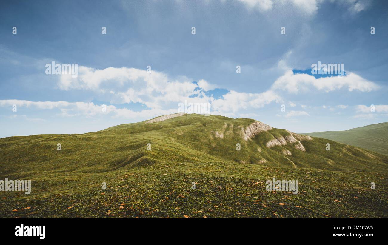 3D rendering. Natural environment of a green island with no trees ...