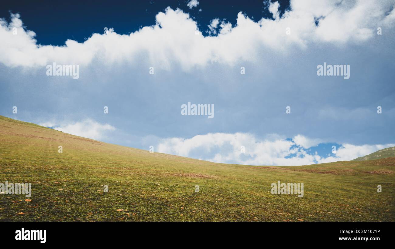3D rendering. Natural environment of a green island with no trees ...