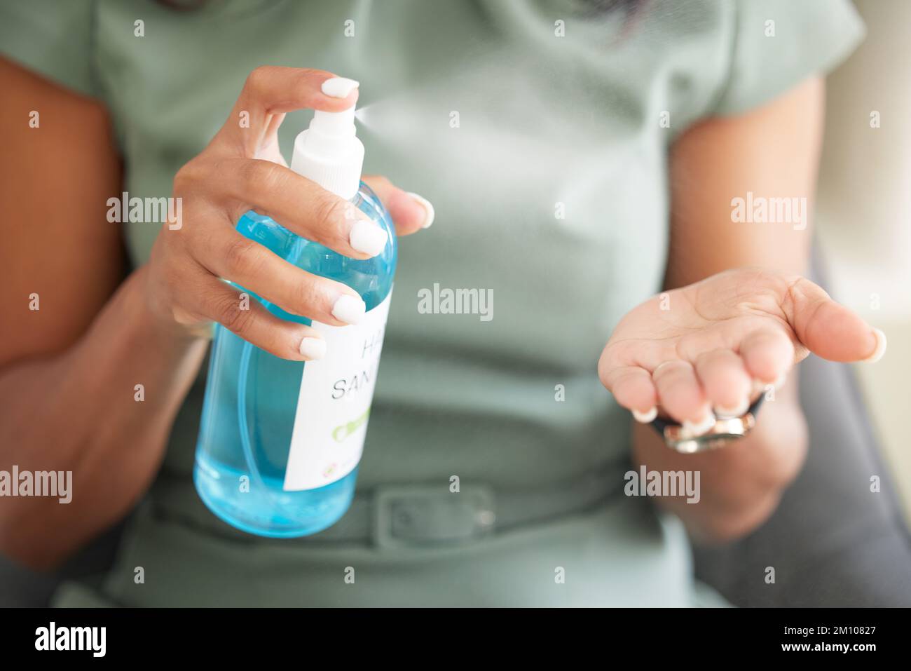 Sanitizer, hand and woman disinfecting for germs, bacteria or dirt in ...