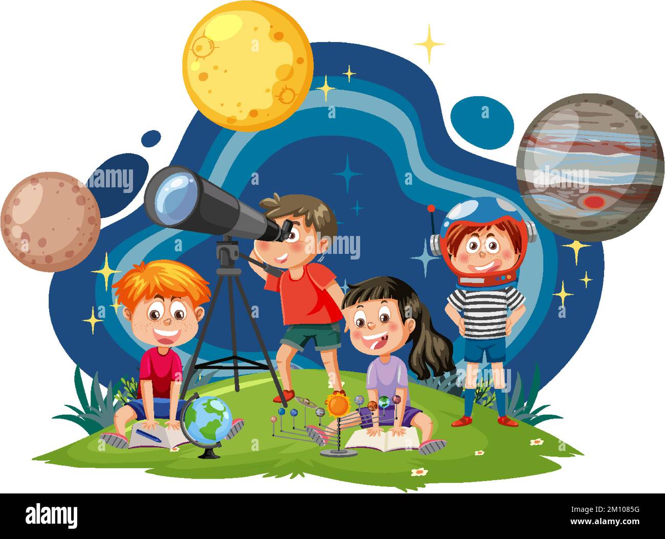 Kids observing planets with telescope illustration Stock Vector Image ...
