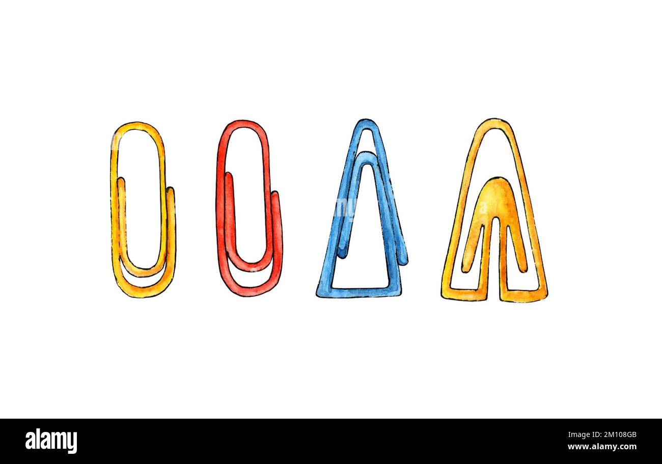 Watercolor illustration set of paper clips. Collection of office tools ...