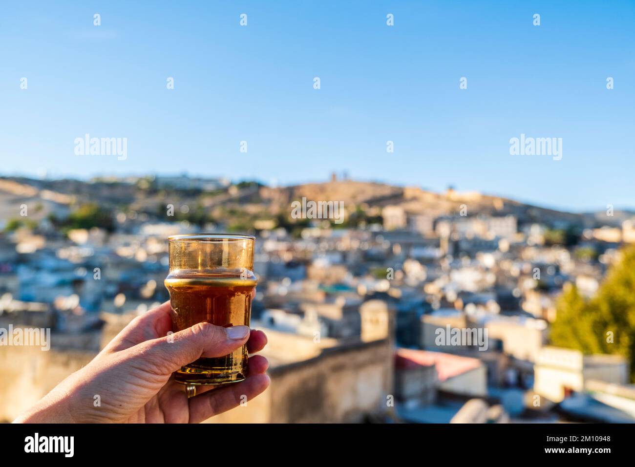 Delicious traditional mint tea drunk with the view at historic downtown ...