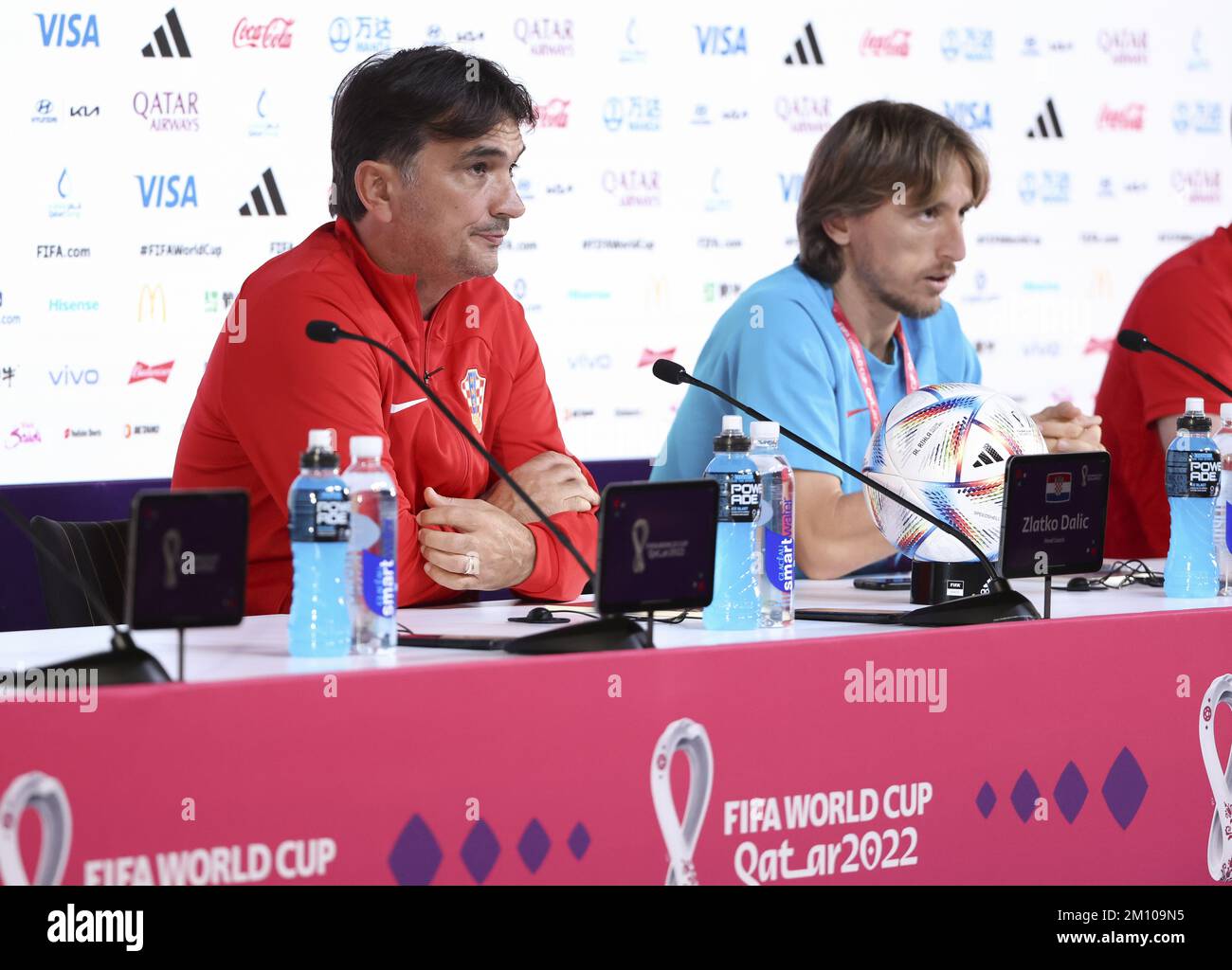 Coach of Croatia Zlatko Dalic, Luka Modric answer to the media during a ...