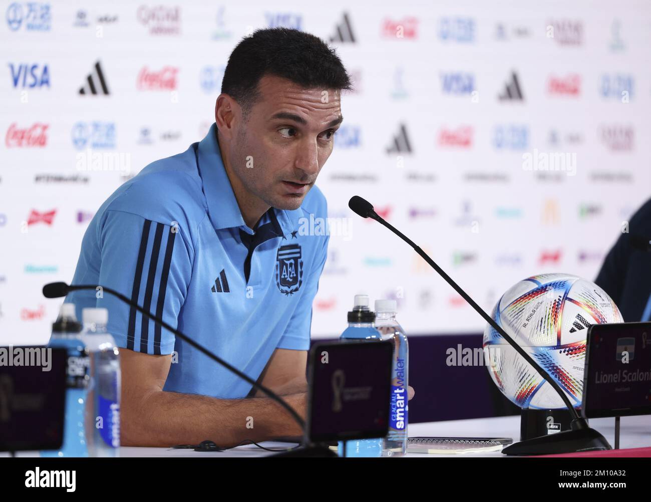 Coach of Argentina Lionel Scaloni answers to the media during a press ...