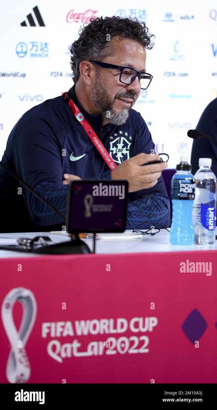 Assistant-coach of Brazil Cleber Xavier answers to the media during a ...