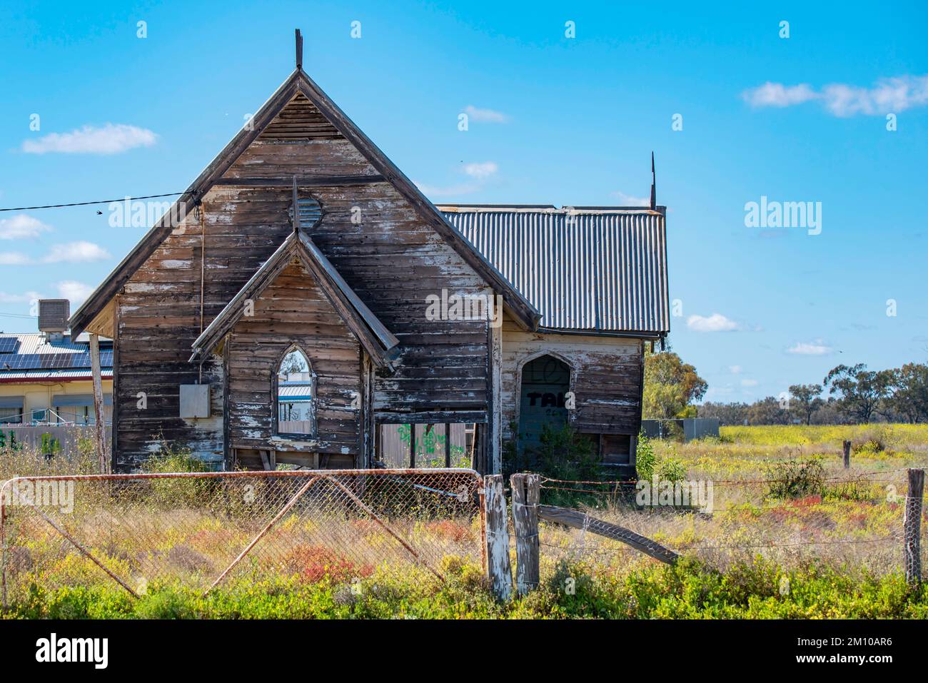 An old abandoned timber church at the village of Goodooga in outback ...