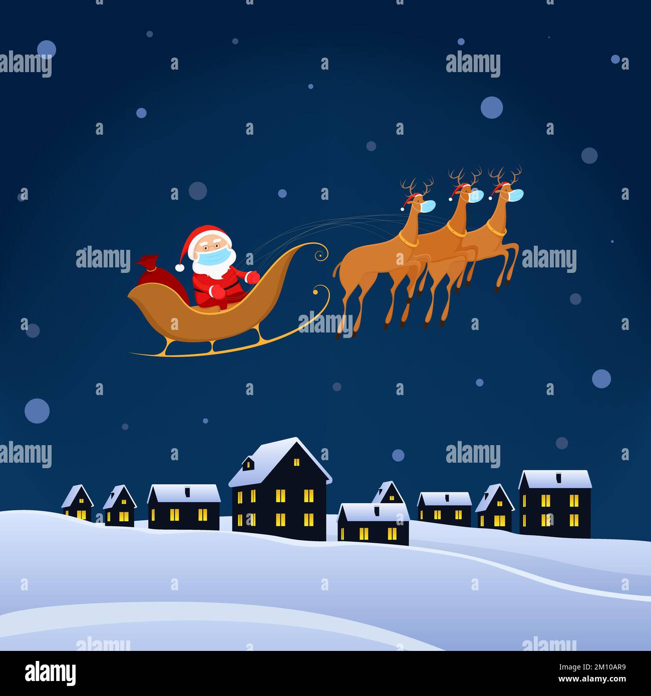 Santa in face mask flying on reindeer sledge. Cartoon style. Vector ...