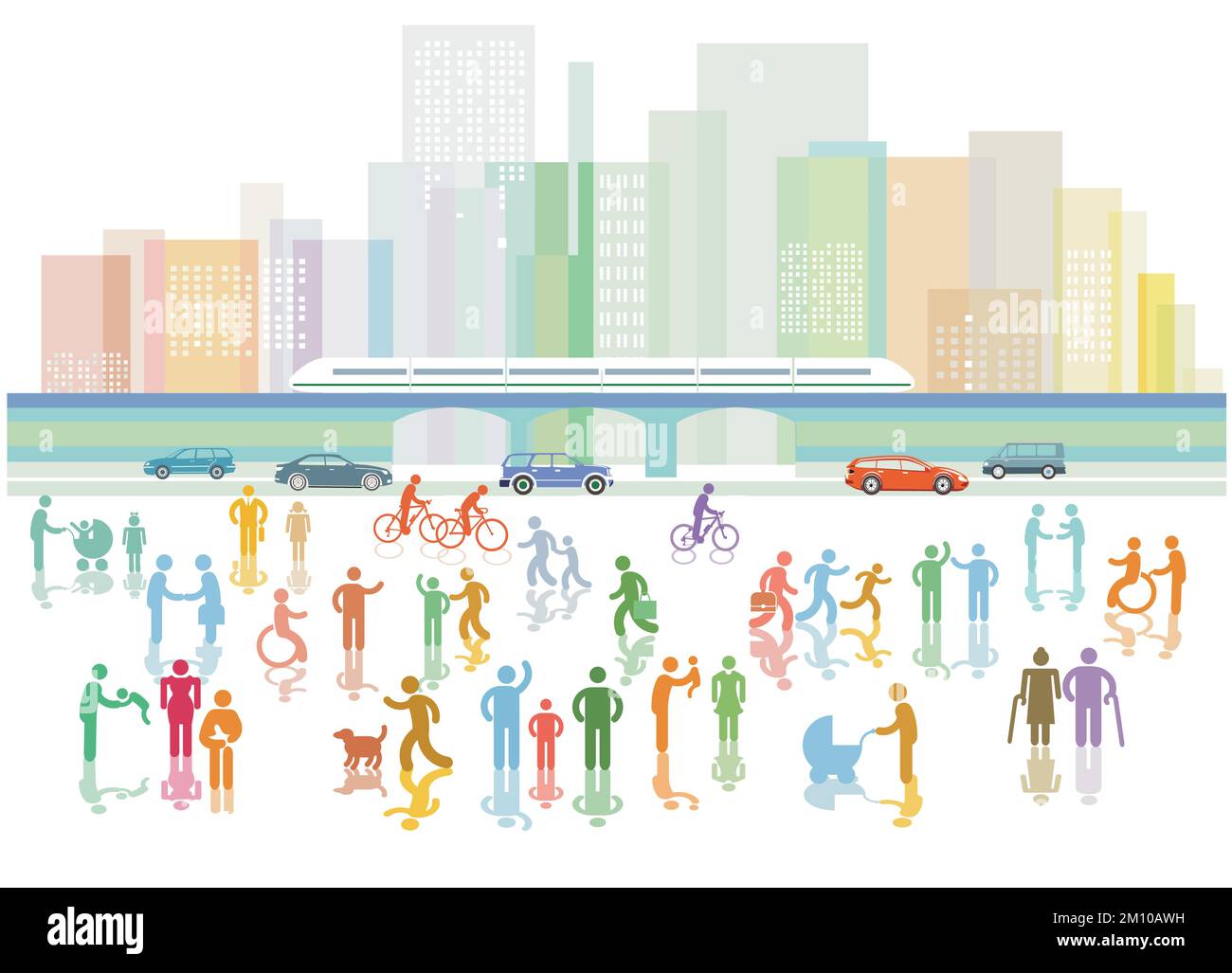 colorful city backdrop with abstract pedestrian group and families on ...