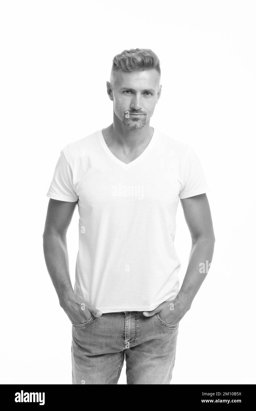 Hey, dude. Dude isolated on white. Handsome man in white tshirt ...