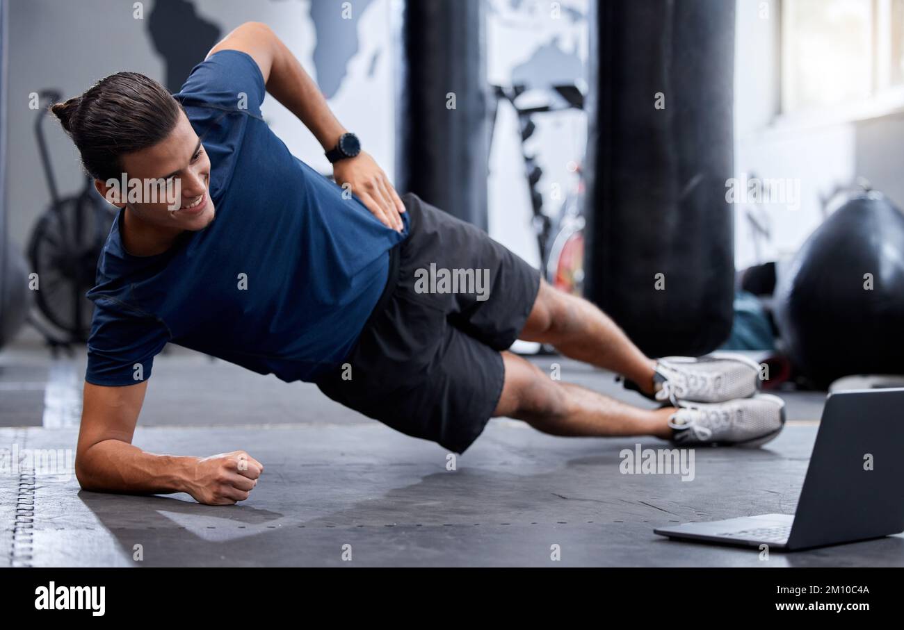 Fitness, exercise and laptop for virtual workout class with personal ...