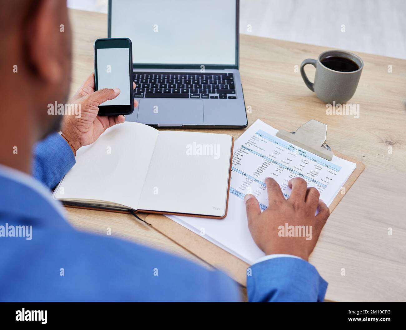 Phone, laptop and mockup of man finance planning, budget and fintech ...