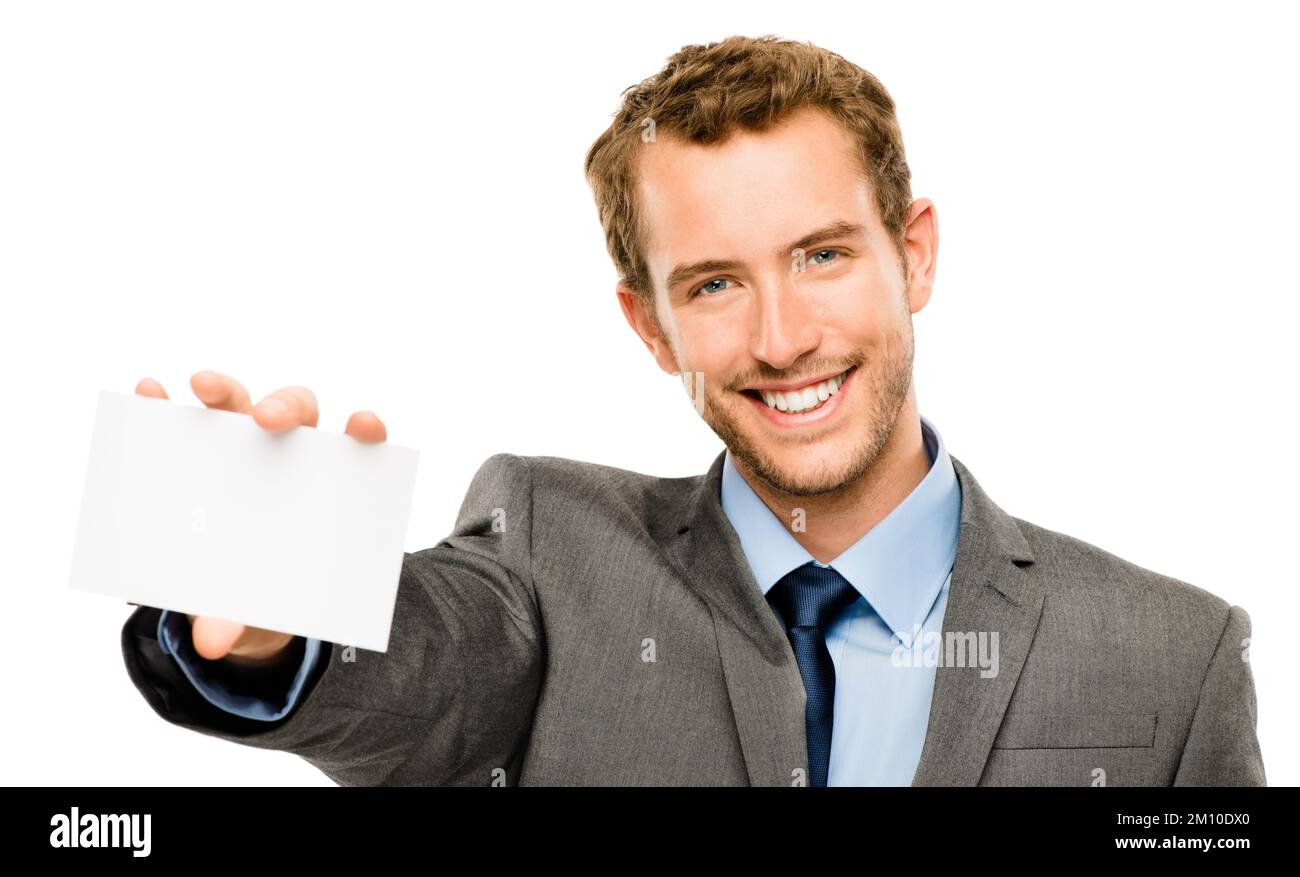 Take my card and contact me. a young businessman holding a blank ...