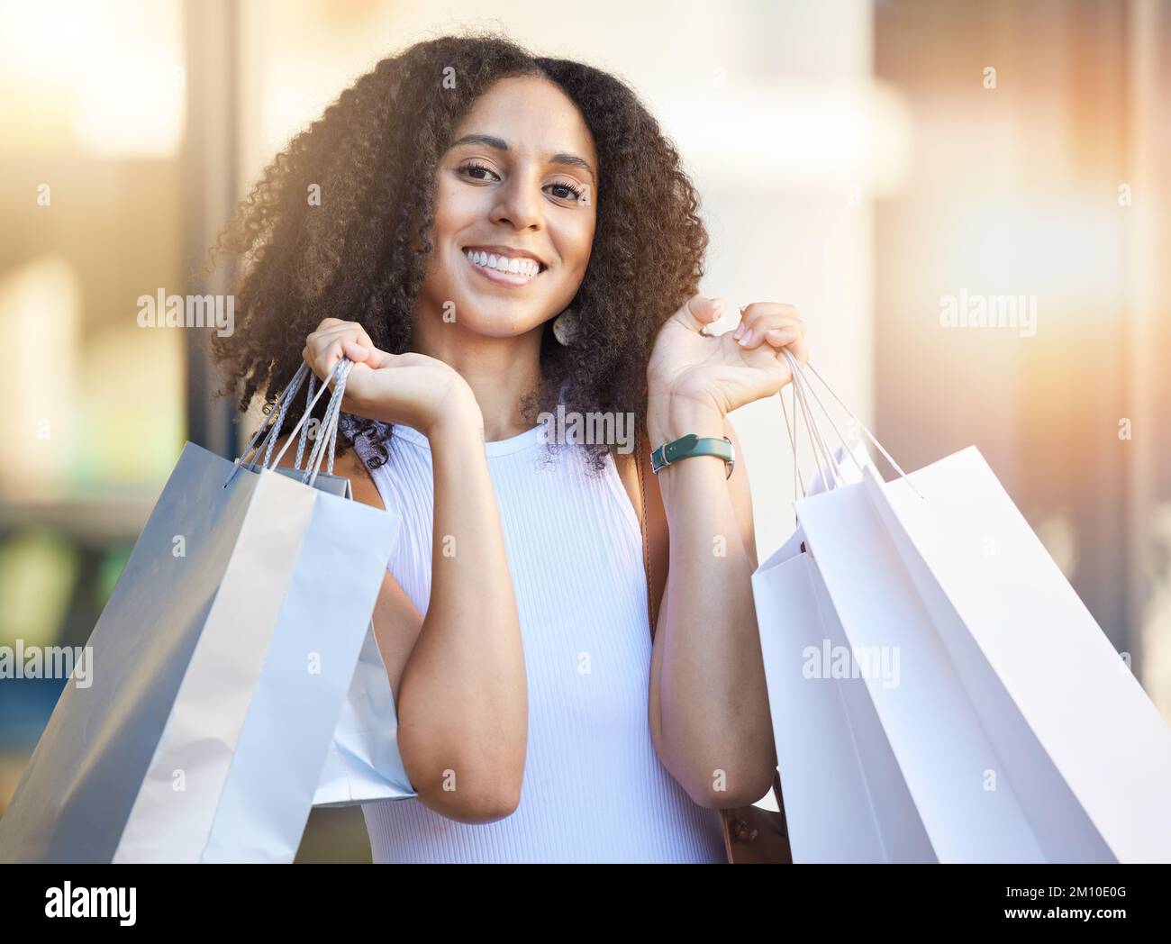 Shopping, city and black woman in portrait for retail, holiday luxury ...