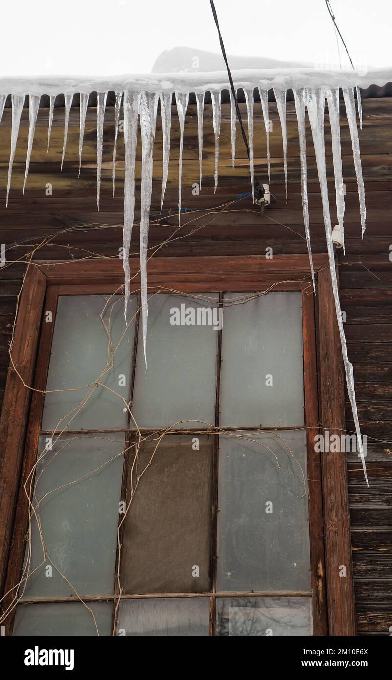 Icy, dangerous icicles hang on the edge of the roof, winter or spring ...