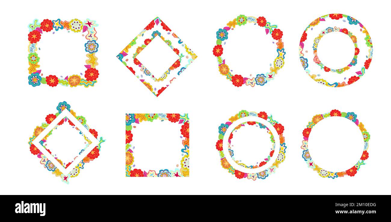 Floral wreath set, multicolor rectangular and round doodle frame Stock ...