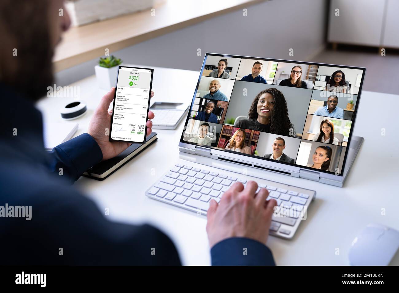 Watching Online Hybrid Presentation Webinar And Elearning Meeting Stock ...