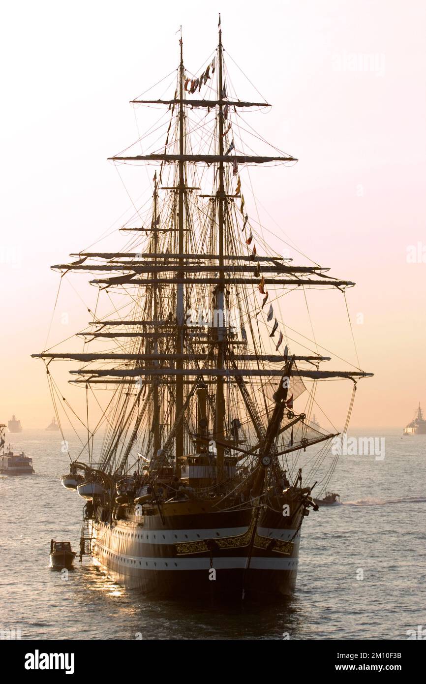 Italian Navy tall ship Amerigo Vespucci, at anchor at sunset, 2005 ...