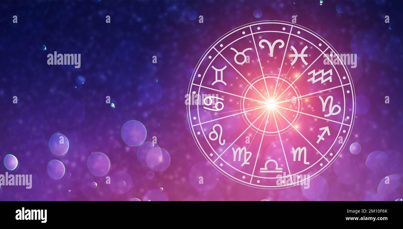 Zodiac signs inside of horoscope circle. Astrology in the sky with many ...