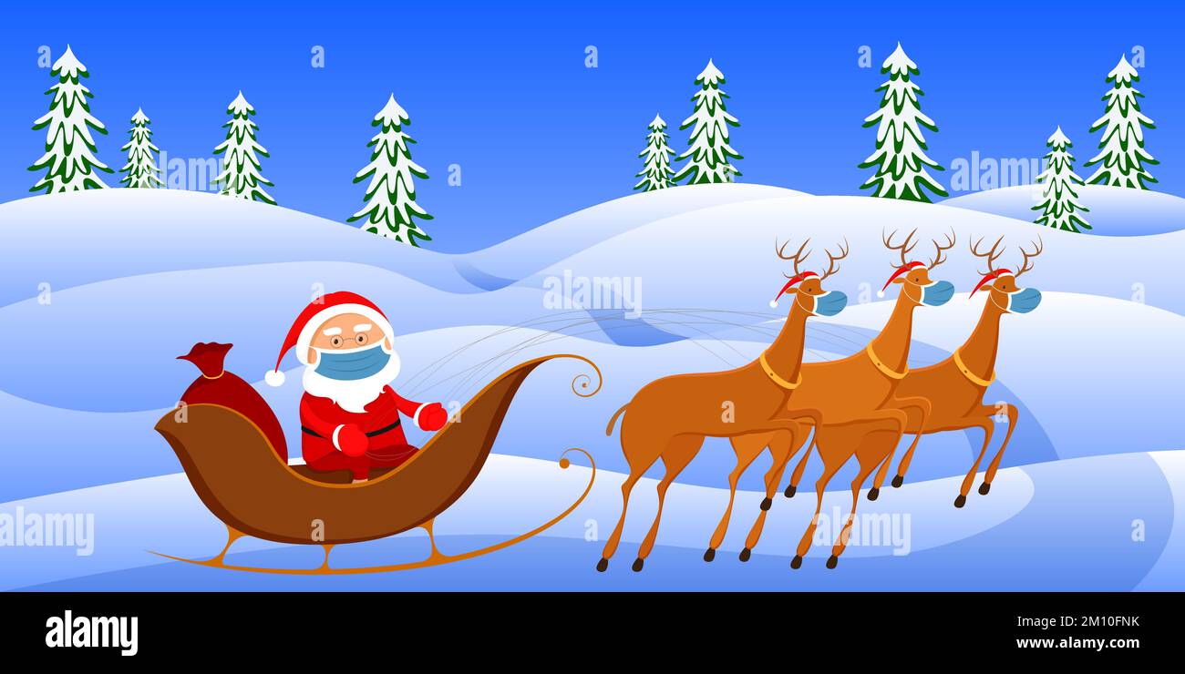 Santa Claus in medical mask riding on reindeer sledge. Vector ...