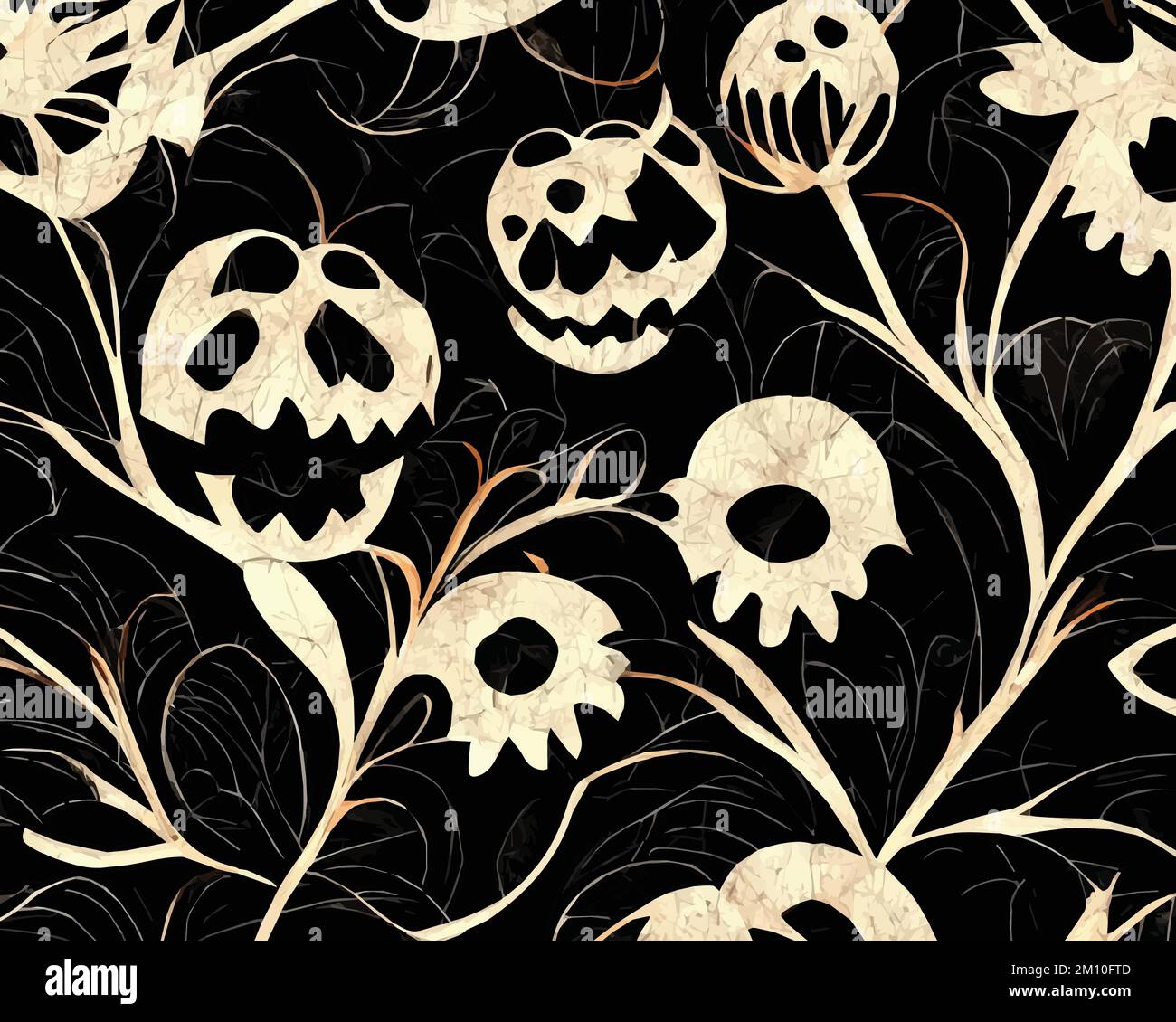 A Halloween abstract pattern with spooky flowers and skulls on a black ...