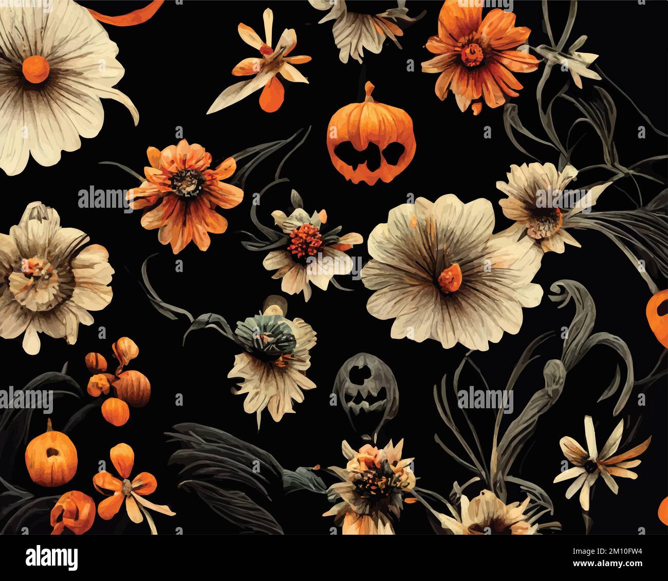 A Halloween abstract pattern with spooky flowers and ghosts on a black ...