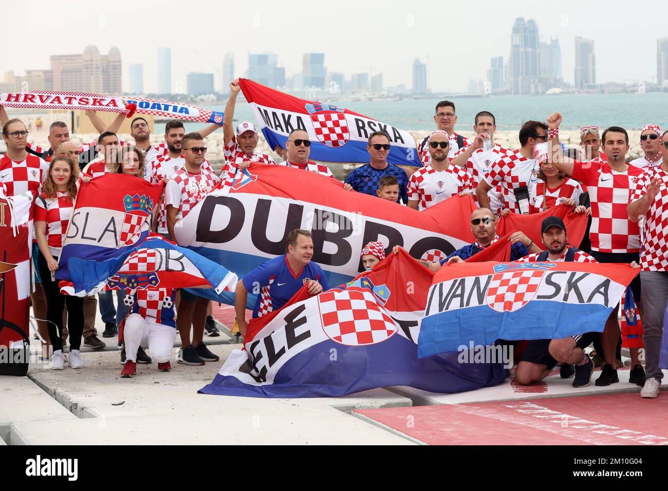 Croatian fans with a 200m long flag on the beach in front of the Hilton ...