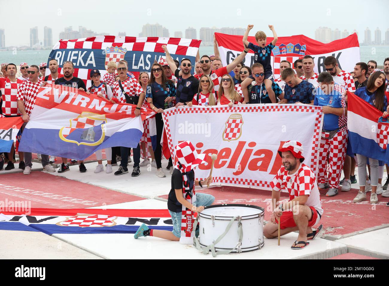 Croatian fans with a 200m long flag on the beach in front of the Hilton ...