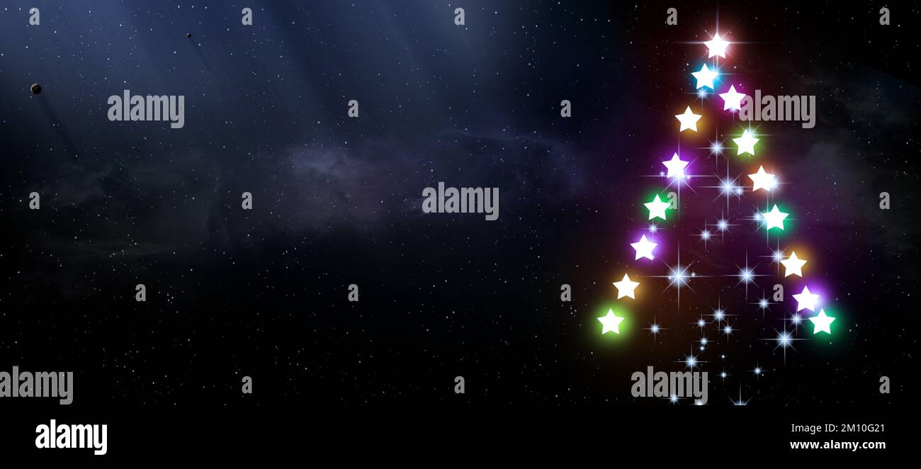 holiday deep space astrology banner with bright christmas star tree ...