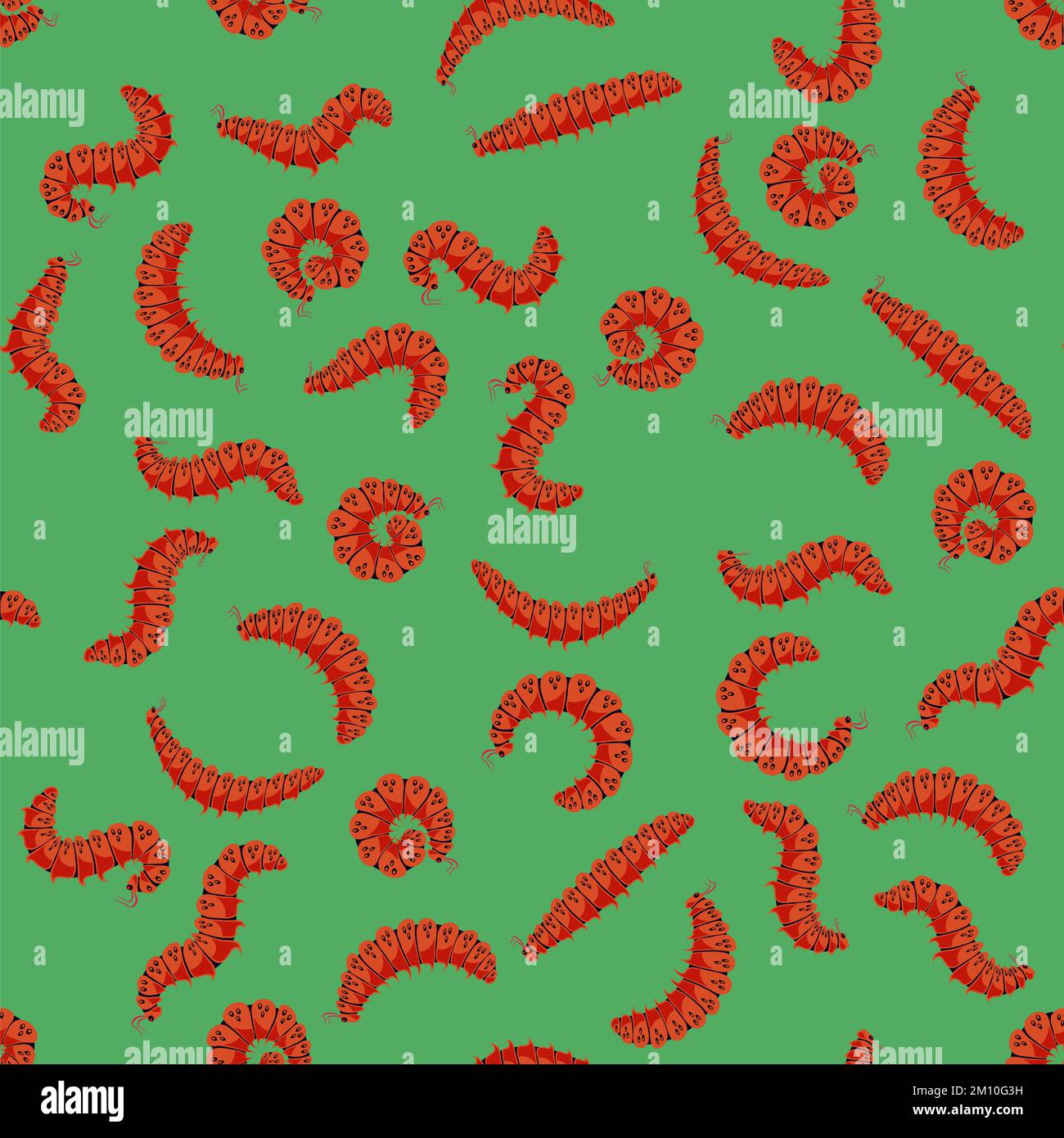 Red Cartoon Caterpillars Seamless Pattern Isolated on Green Background ...