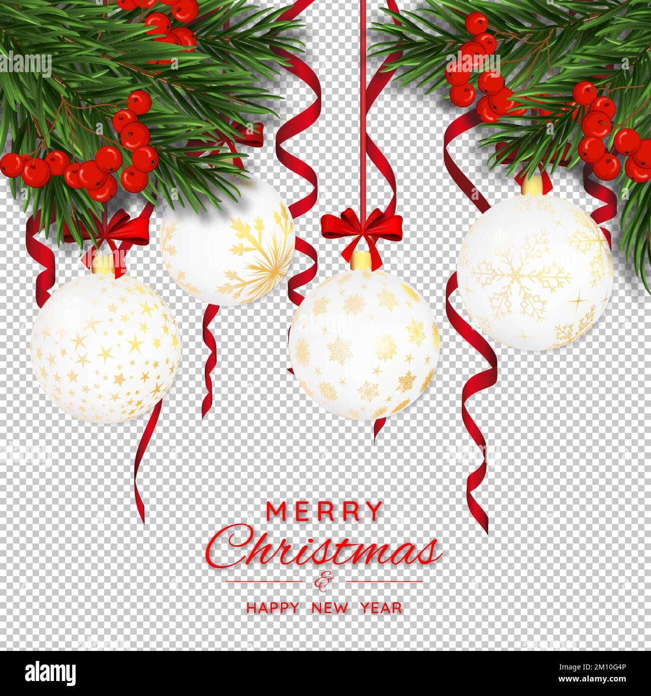 Christmas banner with fir tree branches, balls, ribbons and holly berry ...