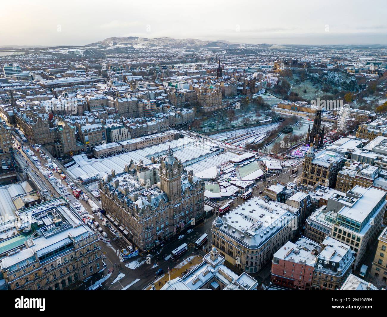 Aerial view of winter snow covered rooftops in Edinburgh, Scotland, UK ...