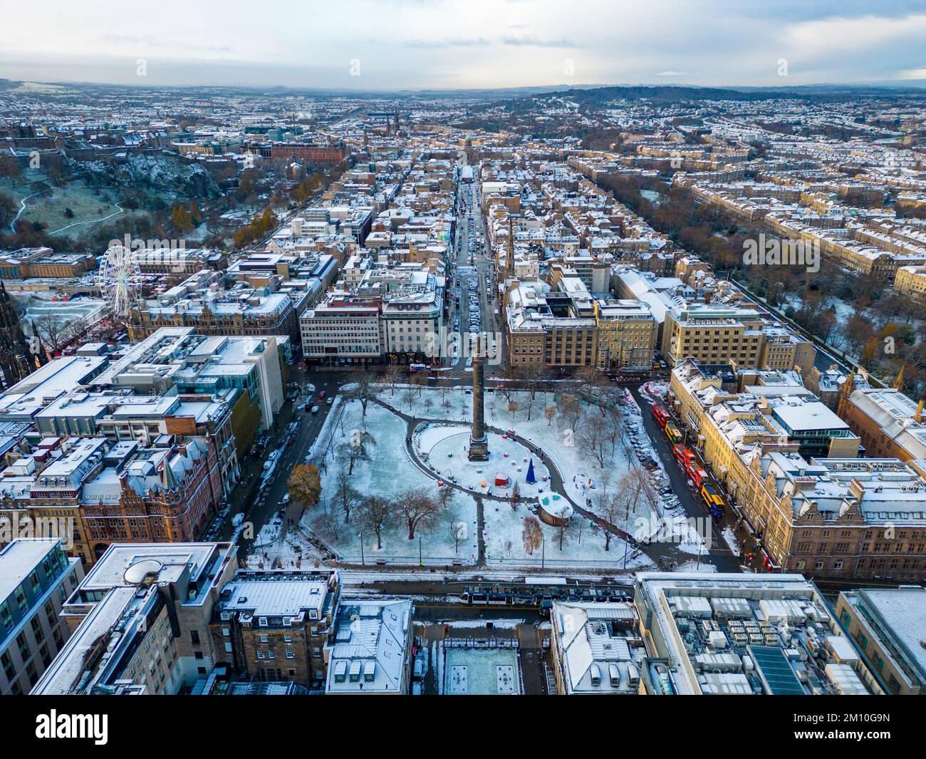 Aerial view of winter snow covered rooftops at St Andrew Square in ...