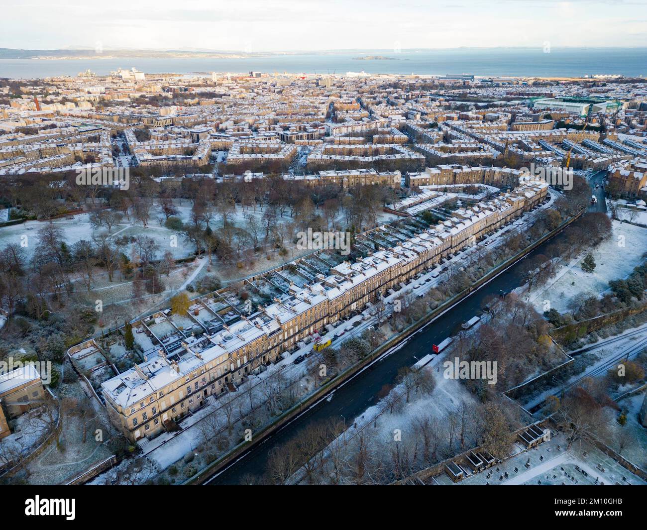 Aerial view of winter snow covered rooftops on Regent Terrace in ...