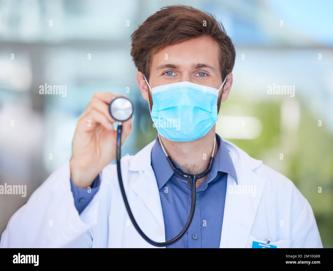 Covid, cardiology and portrait of doctor with stethoscope to check ...